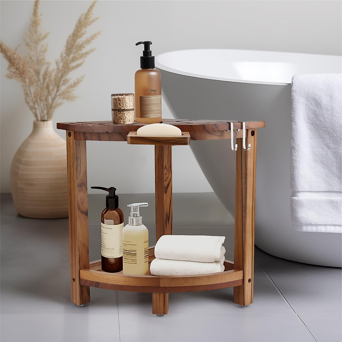 Cartman Original 13" Corner Teak Shower Decorative Bathroom Stand and Foot Rest with Storage Shelf and Soap Dish,Foot Rest Shaving Stool, Corner Nightstand, Beside Table