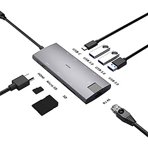 8 in 1 USB C Hub, USB Type C Adapter with 4K HDMI, RJ45 Gigabit Ethernet Port, 3 USB 3.0 Ports, SD/Micro SD Card Reader, Type C PD, for MacBook PRO/Air, iPad PRO and More