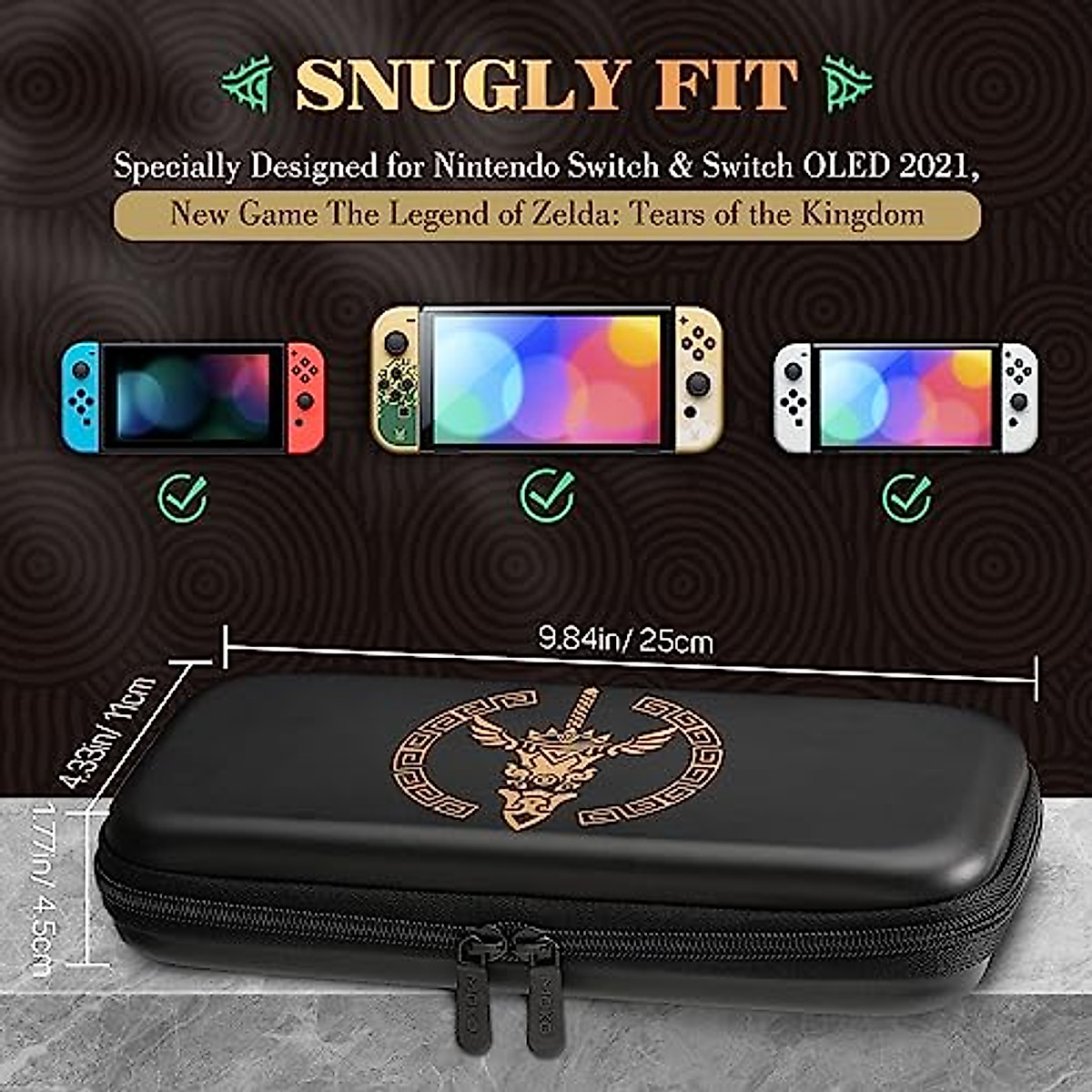 MoKo Carrying Case for Nintendo Switch OLED/Nintendo Switch, Hard Shell Travel Carry Case w/10 Games Slots, Zelda Switch Case for Zelda Tears of the Kingdom & Nintendo Switch Accessories, Black Golden