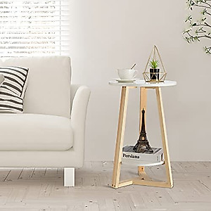 TINSAWOOD Round Side Table, Two-Tier White Side Table for Living Room, Bedroom, Balcony, Office & Small Spaces, Small End Table with Storage Shelf, Easy Assembly