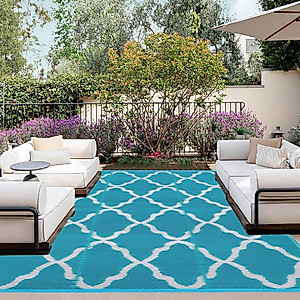 OutdoorLines Outdoor Plastic Area Rugs for Patio 4x6 ft - Reversible Outside Carpet, Stain & UV Resistant RV Mats, Straw Rug for Camping, Deck Garden, Porch and Balcony, Moroccan Teal & Light Grey