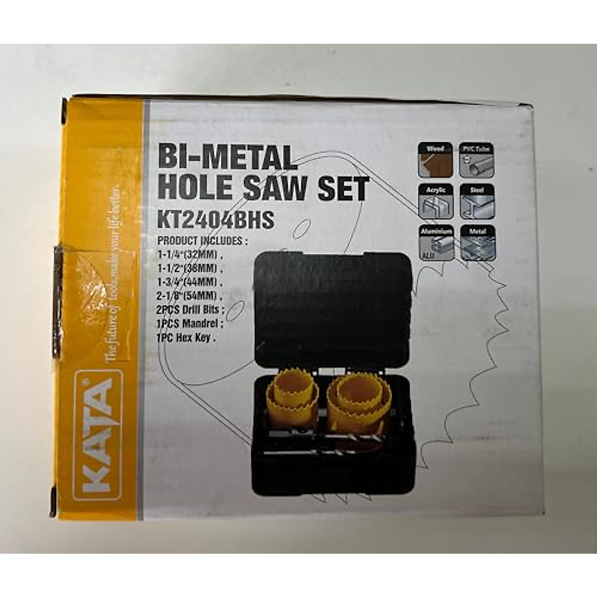 KATA Bi-Metal Hole Saw Kit, 7-Piece Metal Hole Saw Set with 1-1/4" to 2-1/8"(32-38-44-54mm) Hole Drill Cutter with Mandrels, Drill Bit, Hex Key for Metal, Wood, PVC, Plastic