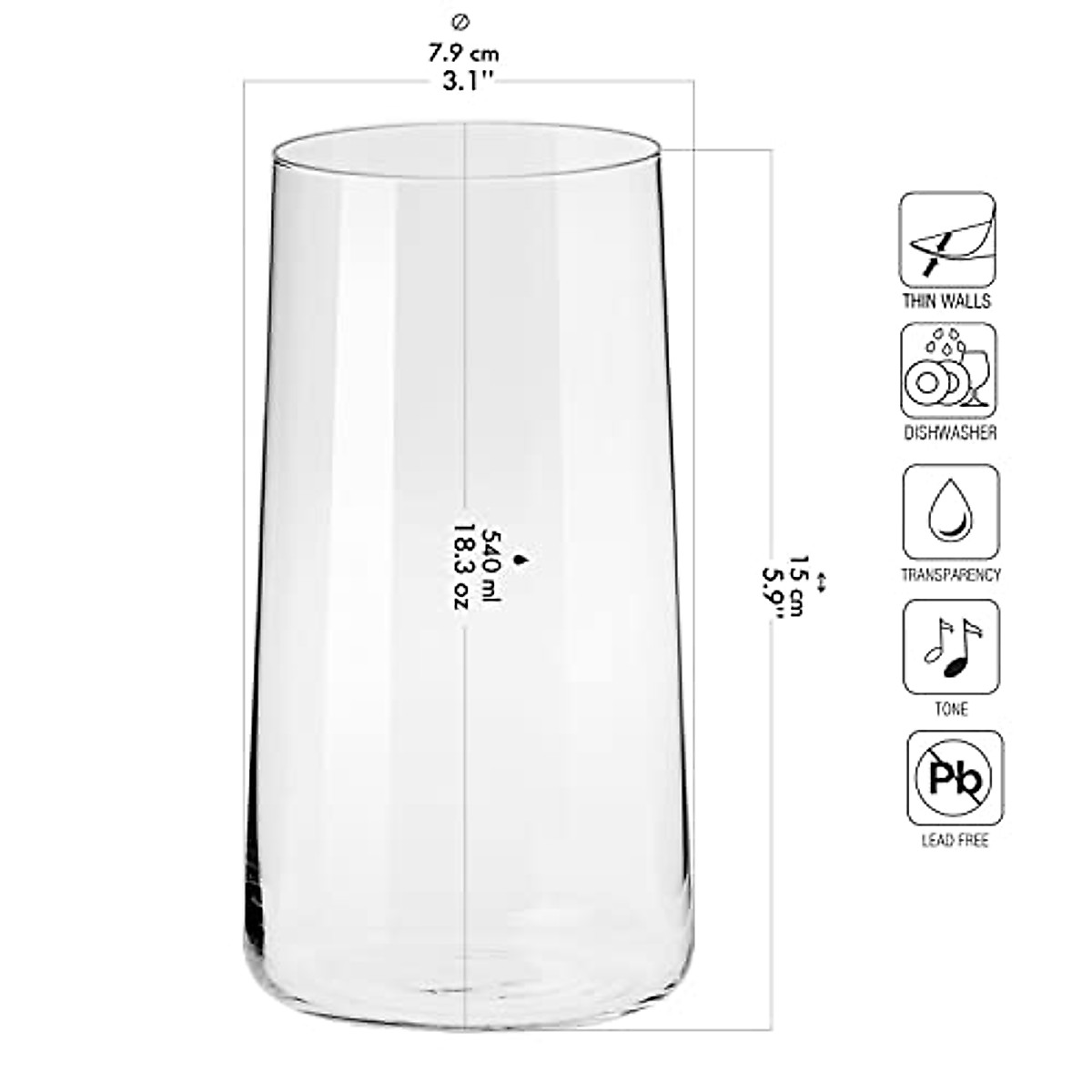 Krosno Tall Water Juice Drinking Glasses | Set of 6 | 18.3 oz | Avant-Garde Collection | Highball & Tumbler Crystal Glass | Perfect for Home, Restaurants and Parties | Dishwasher Safe