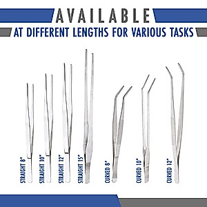 2 Pcs Straight and Curved Tip Tweezers 12 Inch, Stainless Steel Precision Tweezers Set with Serrated Tips Comfortable Ridged Handle, Tweezer Tongs for Cooking Repairing with Essential Tweezer Ebook