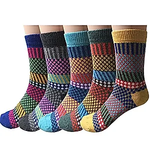 Pack of 5 Womens Vintage Style Cotton Knitting Wool Warm Winter Fall Crew Socks, Mixed color 2, One size