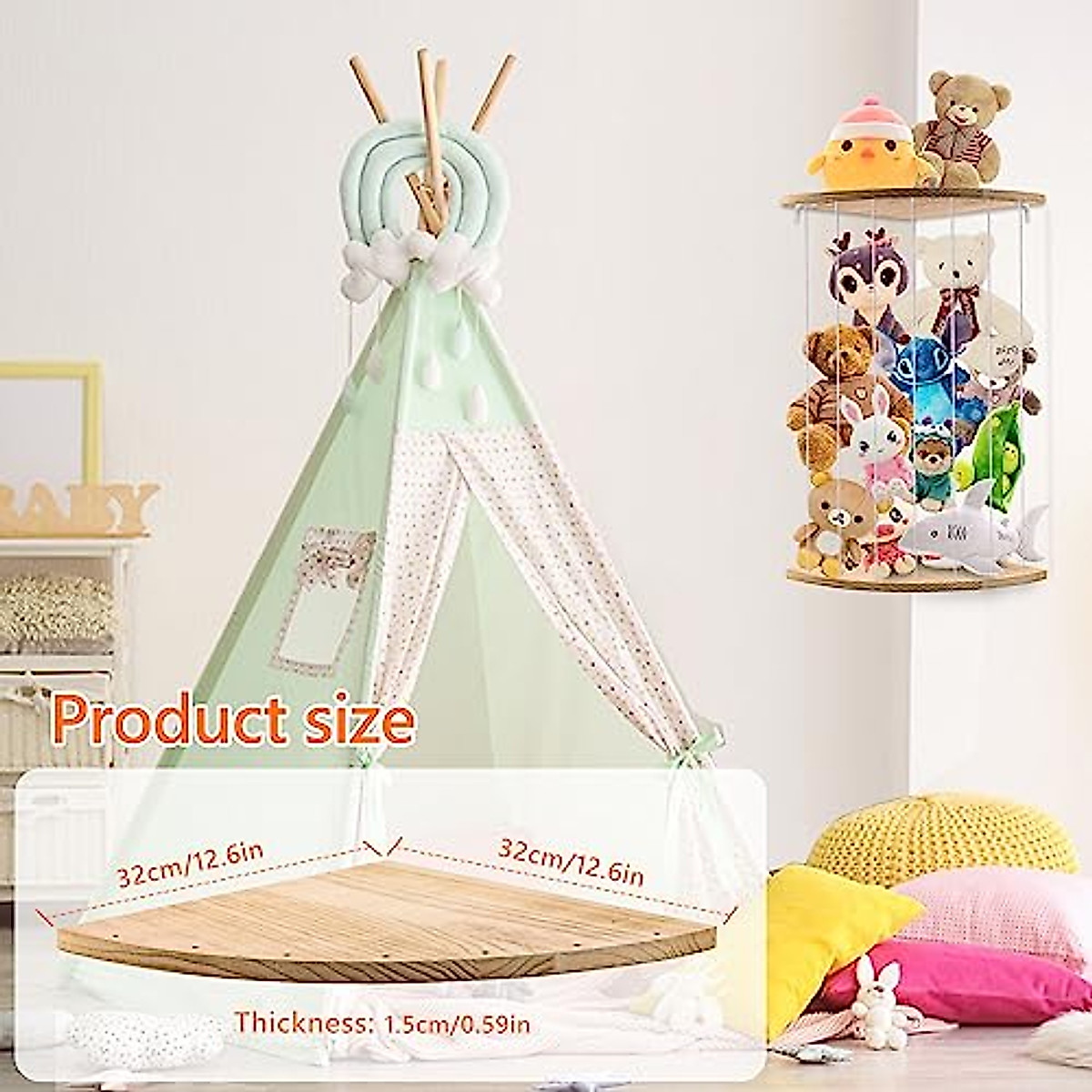 Stuffed Animal Storage Corner Mounted Wood Soft Toy Shelf, Hanging Toy Organizer, Plush Toys Holder, Length Adjustable Soft Toy Large Storage Organization for Nursery Play Room Bedroom Kid Room