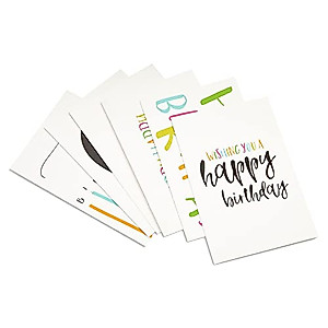 Happy Birthday Greeting Cards (48-Pack) - 6 Handwritten Modern Style, Colourful Designs - Blank on the Inside, Envelopes Included - 10 x 15 Centimetres