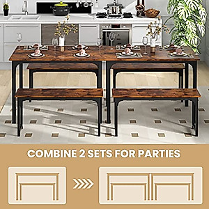 Tangkula 3-Piece Dining Table Set, Rectangular Kitchen/Dining Table with 2 Benches, Metal Frame, Space-Saving Furniture, Modern 4-Person Dinette for Kitchen, Dining Room