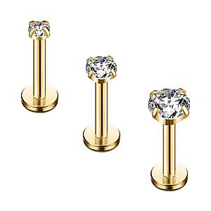 316L Stainless Steel Gold Plated 2mm/3mm/4mm Round CZ Gem Internally Threaded Labret Monroe Lip Ring Tragus Nail Helix Earring Stud Barbell Piercing Jewelry Set 16G 8mm 3pcs