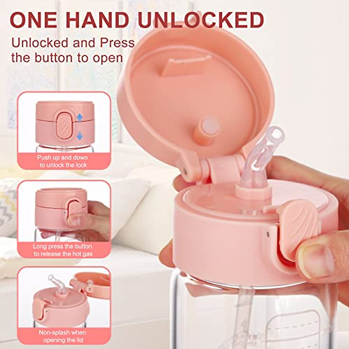 Glass Water Bottle with Straw,Handle Lid and Measurement Scale Silicone Sleeve , Portable Transparent Leak Proof Handy Cup Container for Sport Outdoors Vacation Travel Office ,450ML/15oz (Pink)