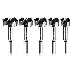 Forstner Bit Set, 5-Piece Forstner Bits Wood Drilling Smooth Flat-Bottomed Pocket Holes in Hard Soft Wood, 3/8" Shank Fit Drills and Drill Presses, Size 1”, 1-7/64”, 1-1/4”, 1-3/8”, 1-1/2"