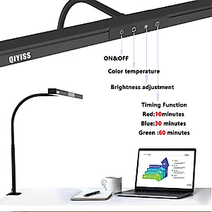 QIYISS LED Desk Lamp, Clamp Lamp with Flexible Gooseneck 360°Rotate,12W LED 3 Modes 5 Brightness, Timer，15.75" Wide Office Eye Protection Light 1100LM Large Bright Desk Lights with Stepless Dimming