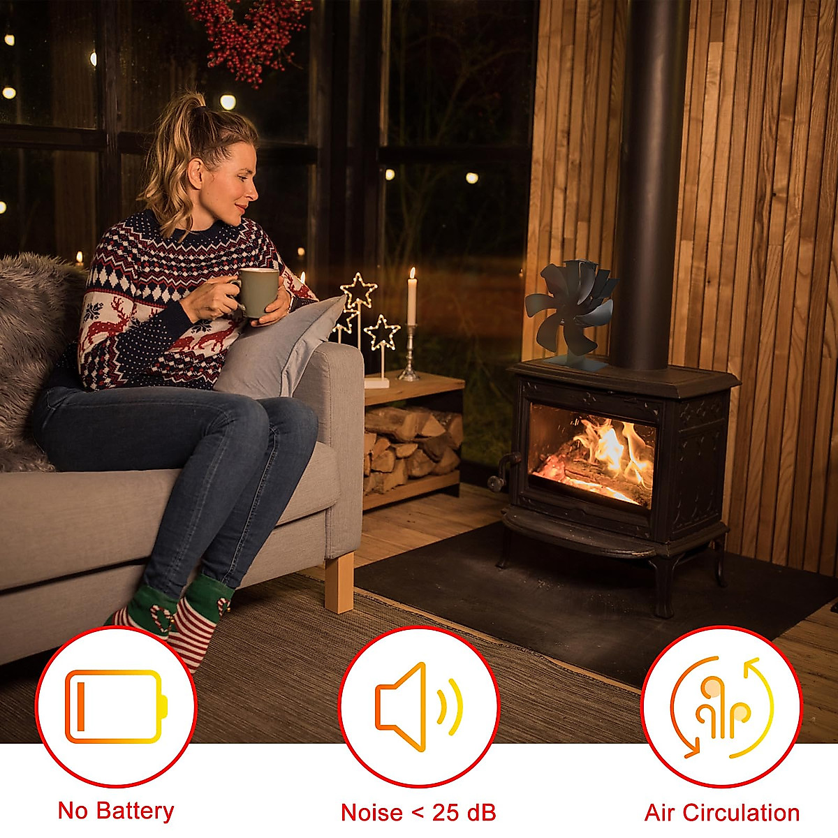 cermug Wood Stove Fan Heat Powered, Upgrade Silent Operation 6 Blades Fireplace Fans Eco Fan for Home Wood/Log Burner/Fireplace