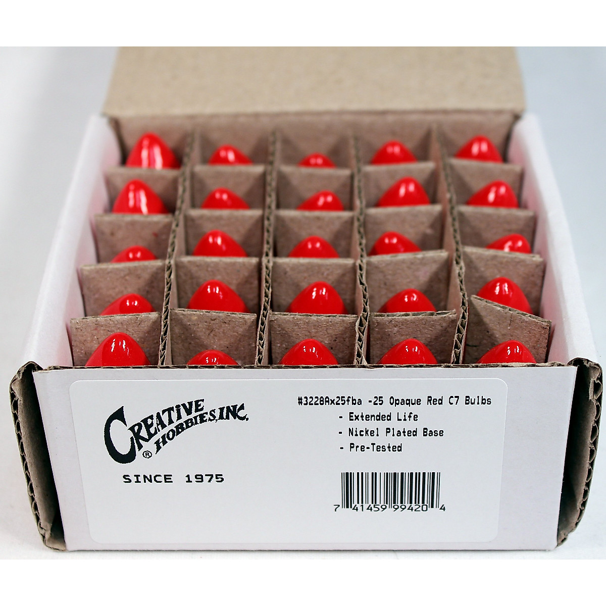 Creative Hobbies® Box of 25 Light Bulbs, Ceramic Opaque Red, Steady Burning, 7 Watt Incandescent, C7 Candelabra Base - Great for Christmas Strings and Decorative Lights