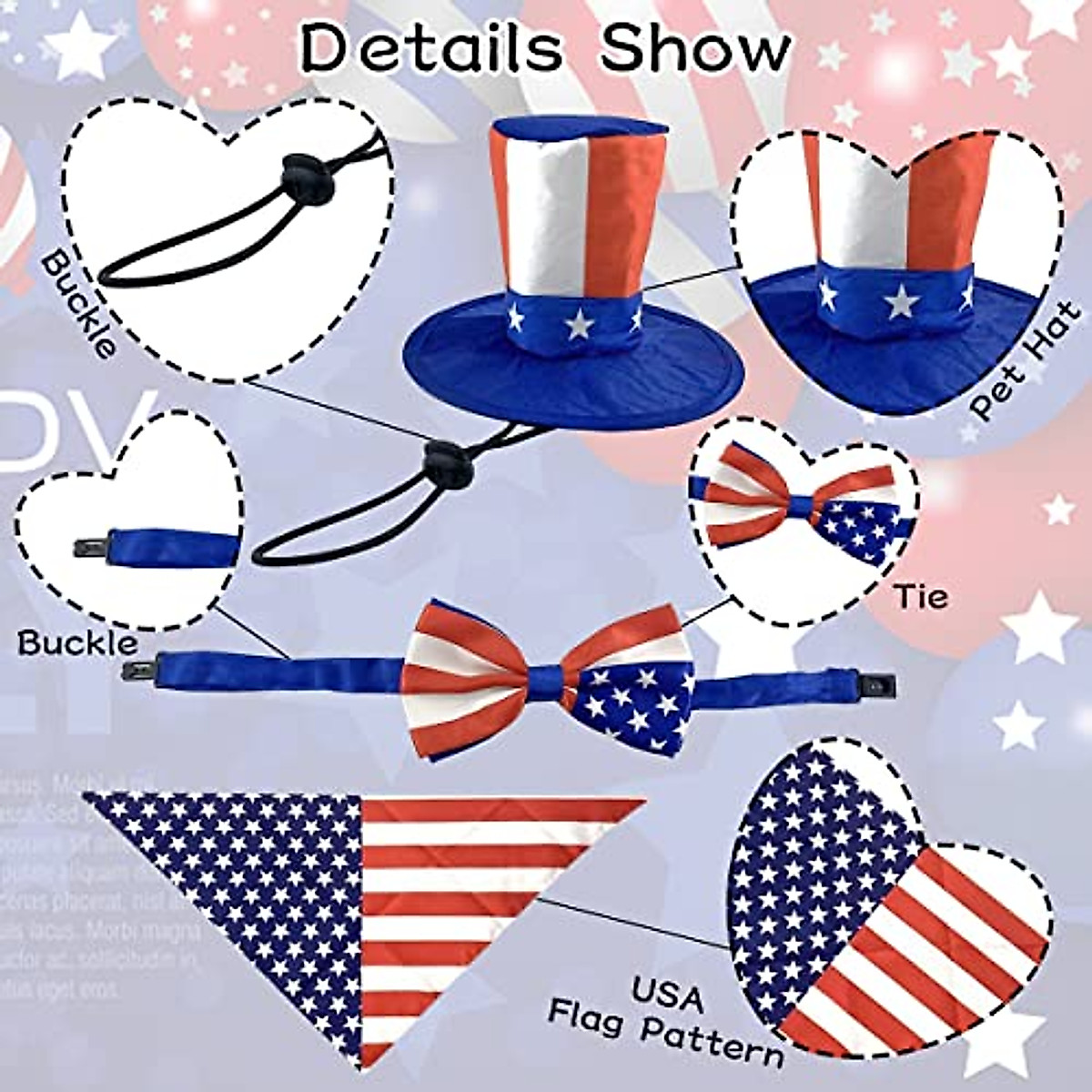 CooShou 4Pcs 4th of July Dog Costume Independence Day Dog Outfit American Flag Pet Dog Hat Bandana Bow Tie Triangle Scarf for Dogs Cats Puppy Kitten