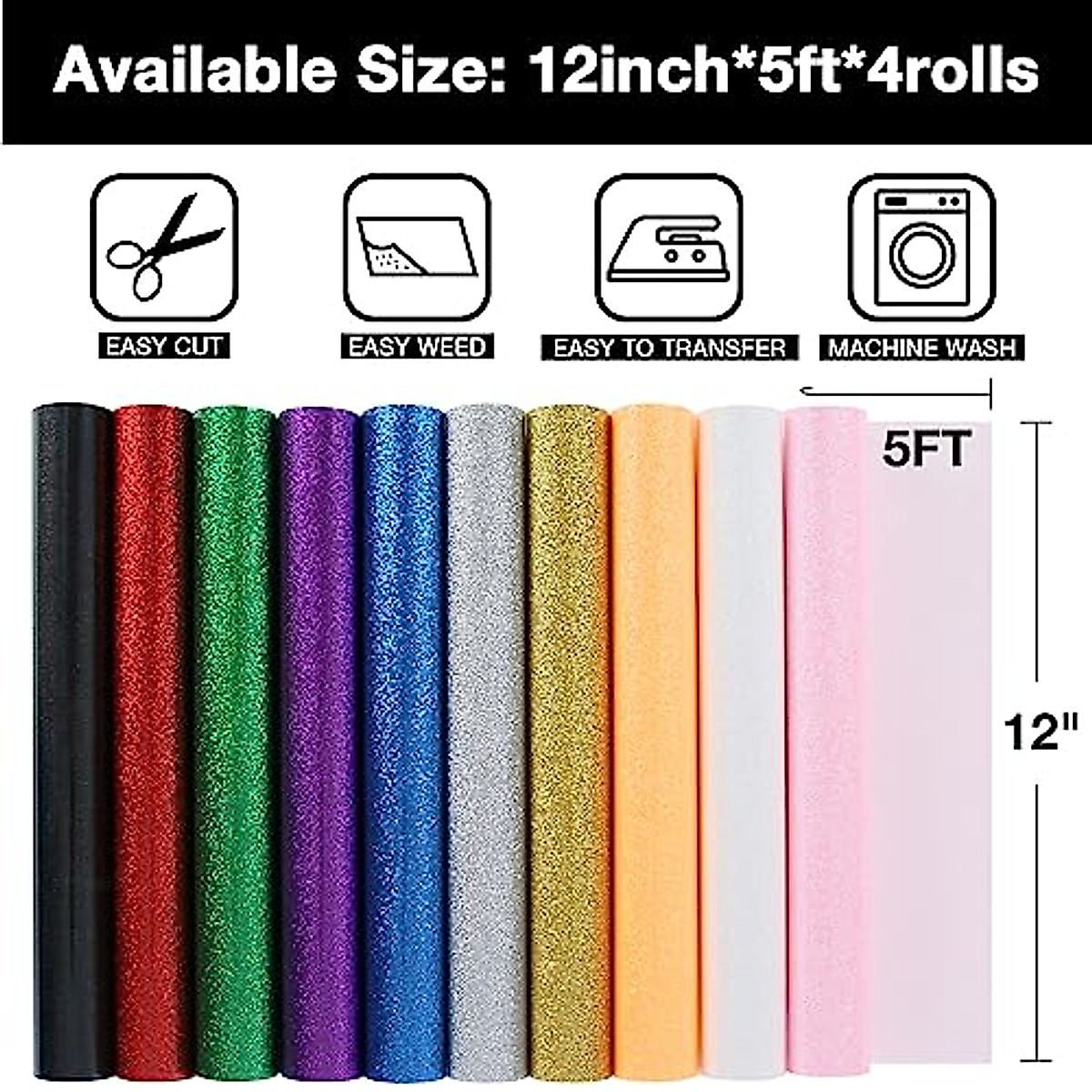 TORC Glitter HTV Heat Transfer Vinyl Bundle Rolls, Set of 10 Iron on Vinyl for T Shirts Crafts (12 inch x 5 ft per Roll)