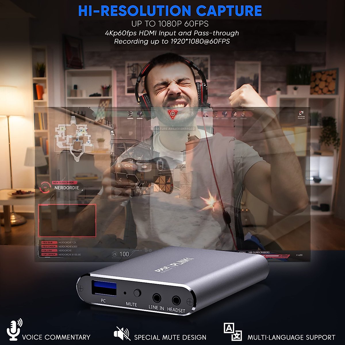 PyleUsa Capture Card - Full HD 1080p 4K HDMI-to-USB Audio-Video Via DSLR Camcorder Action Cam, Ultra Low Latency, Record to Computer for Gaming, Streaming, Conference or Live Broadcasting - PLINK1