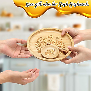 Huray Rayho Rosh Hashanah Apple Plate Set Shana Tova Apple and Honey Dish with Dipper Rosh New Year Hostess Gift Idea Shana Tova Bamboo Wood Server Tray Holiday Party Table Decorations