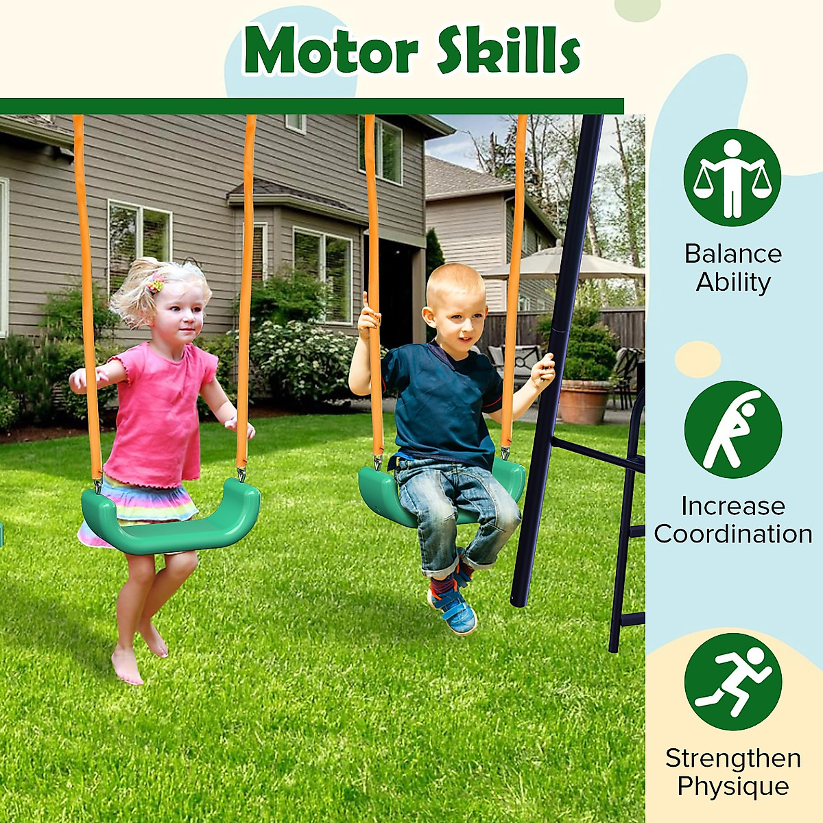 Dithoko 4 in 1 Multifunction Kids Swing Set, Metal for Backyard, Outdoor Heavy Duty Extra Large Frame with 2 Adjustable Swing, 1 Glider, 1 Slide and 1 Teeter-Totter