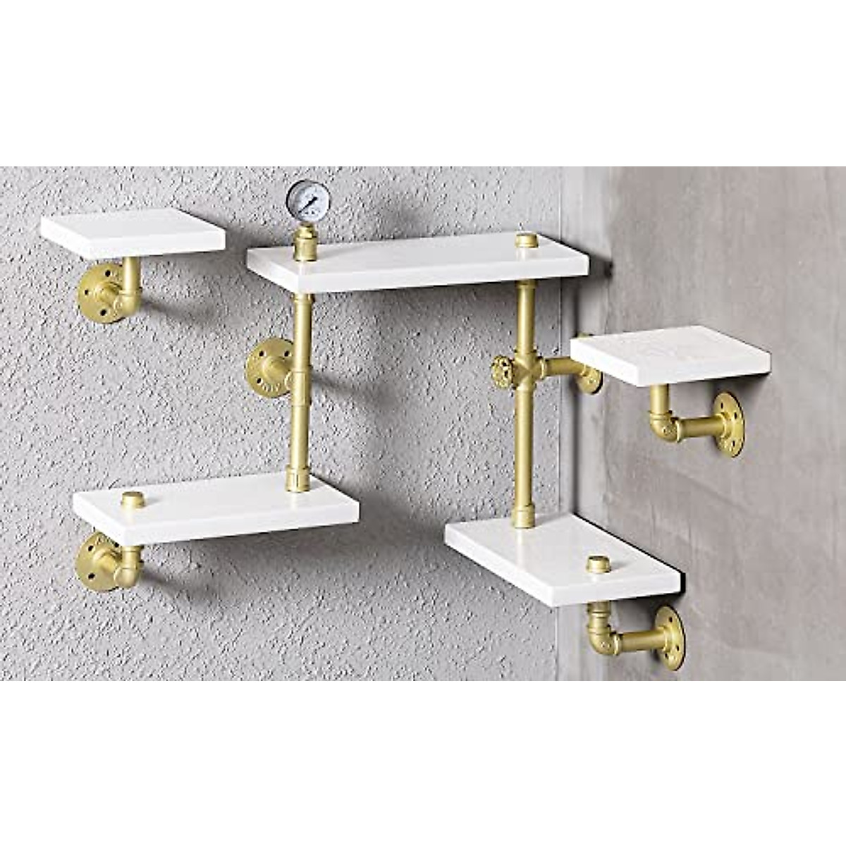 Industrial Retro Wall Mounted Iron Water Pipe Shelf/Bookcase/Shelving – Floating Shelf - Hung Bracket - DIY Storage Bookshelf – Height Adjustable Shelf - Wood Shelf (5-tier wall shelves, gold pipes)