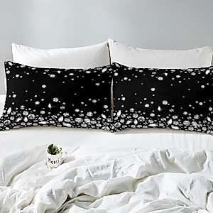 Silver Glitter Duvet Cover Set Queen Diamond Star Sky Floral Bedding Set 3pcs for Kids Teens Girls Boys Room Decor Bling Party Theme Comforter Cover Black Microfiber Quilt Cover with 2 Pillowcases