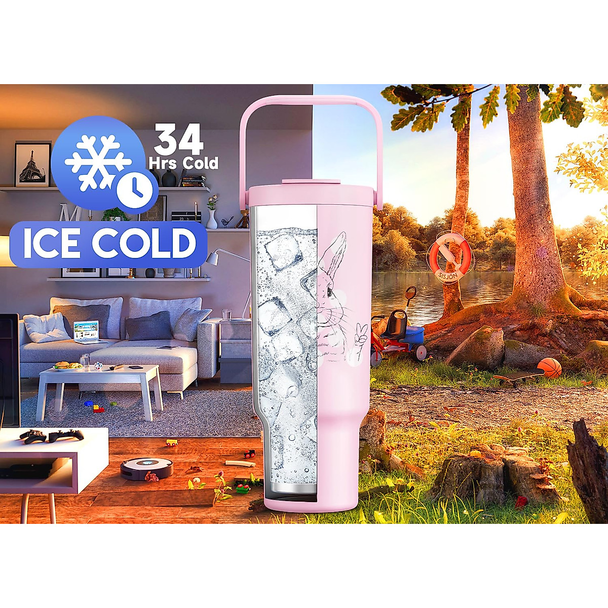 Meoky 40 oz Tumbler with Handle and Straw, Insulated Water Bottle, Stainless Steel Travel Mug, Keeps Cold for 34 Hours, 100% Leak Proof, Fits in Car Cup Holder (Bunny)