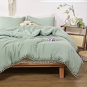 Smoofy Sage Green Comforter Set Queen Size Pom Fringe Boho Chic Cute Ball Pom Bedding Set Cali Soft Warm Vintage Lightweight Solid Comforter 3 Pieces (1 Pom Comforter, 2 Pillowcases)