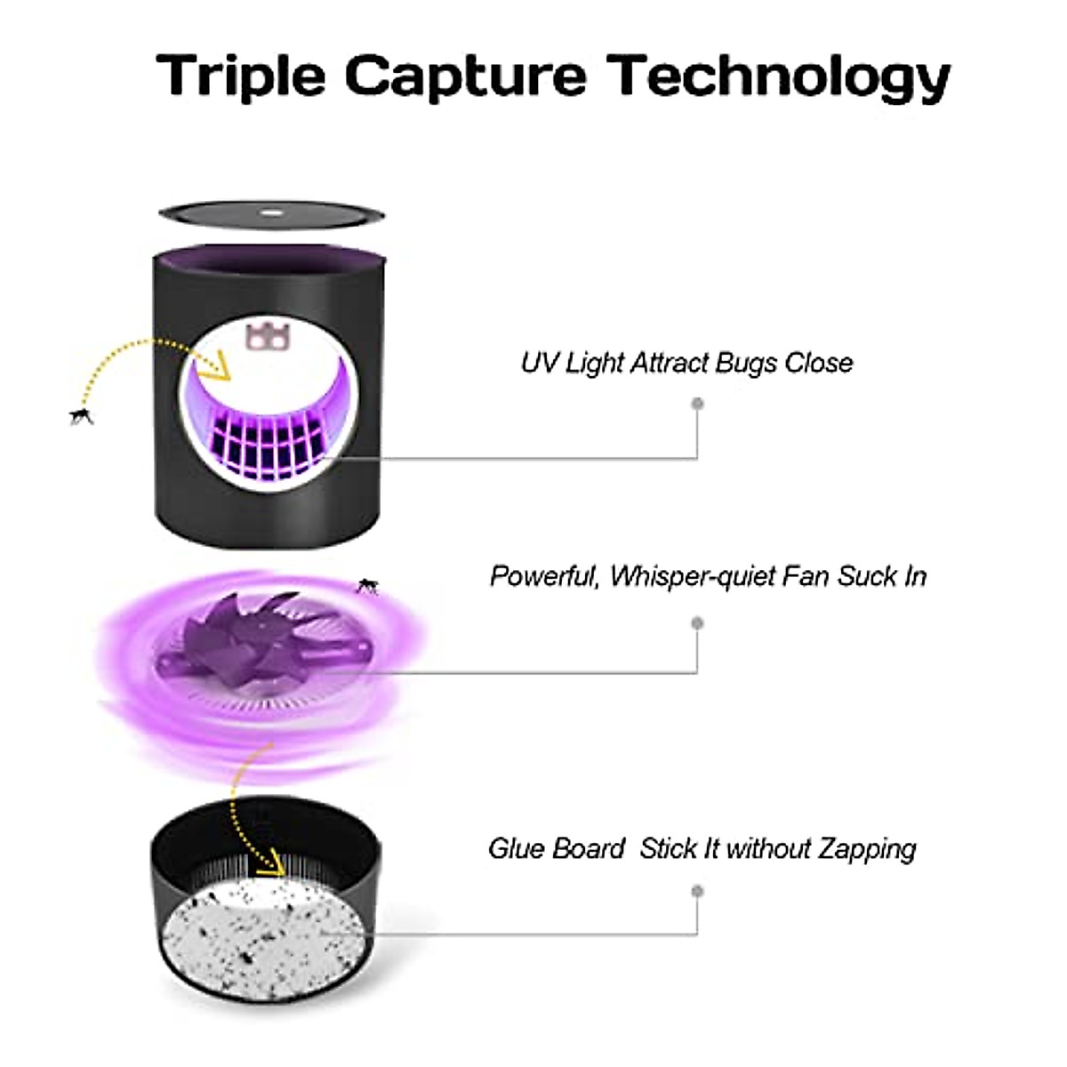 BANPESTT Fruit Fly Traps for Indoors - Bugs Trap Catcher & Killer for Mosquito, Gnat, Moth - Catch Flying Insect with Attractive Lighting,Suction & Sticky Glue Board(Black)