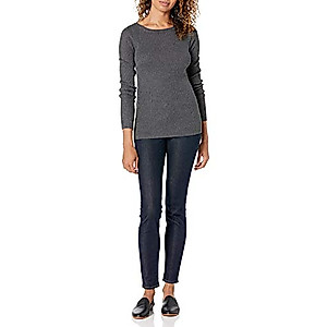 Amazon Essentials Women's Lightweight Ribbed Long-Sleeve Boat Neck Slim-Fit Sweater, Charcoal Heather, Medium