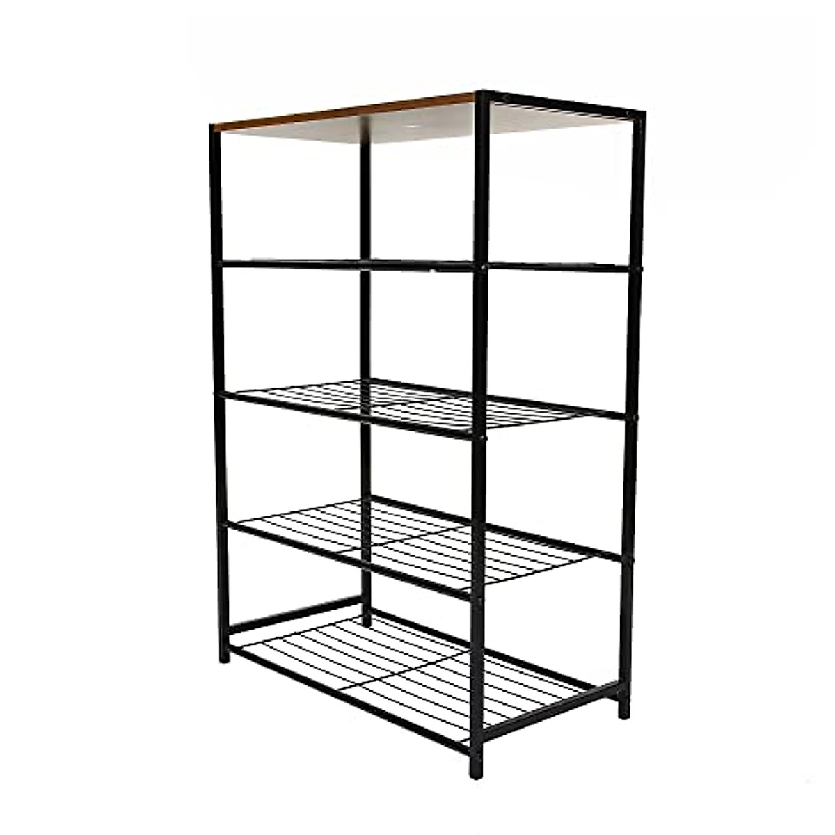 LEEJAY 5 Tier Shoe Rack for Entryway, Freestanding Display Shelf Storage Organizer with 4 Metal Shelves and Top Panel - Rustic Brown