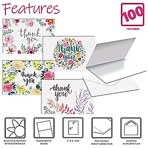 Thank You Cards with Envelopes (100 Pack), 4 Cover Designs, Blank Inside, by Better Office Products, All Occasions, Baby Showers, Graduation, and Weddings, Floral Collection, 100 Pack