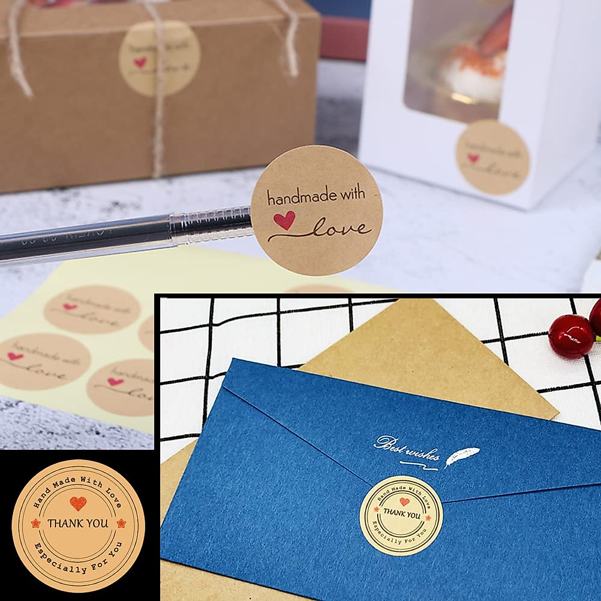 Thank You Stickers | 600 Labels Per | 1.5" Round | 10 Style Designs Vintage Yellow Kraft Sticker for Christmas Thanksgiving Birthdays Party Weddings Giveaways, Perfect for Small Business Gift Bags