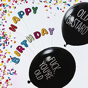 32 Piece NSFW Funny Abusive Old Age Birthday 12 Inch Party Balloons for adults with 10 Different rude, Offensive, and Sarcastic Phrases - Warning Adult Language