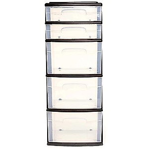 Homz Plastic 5 Clear Drawer Medium Home Organization Storage Container Tower with 3 Large Drawers and 2 Small Drawers, Black Frame