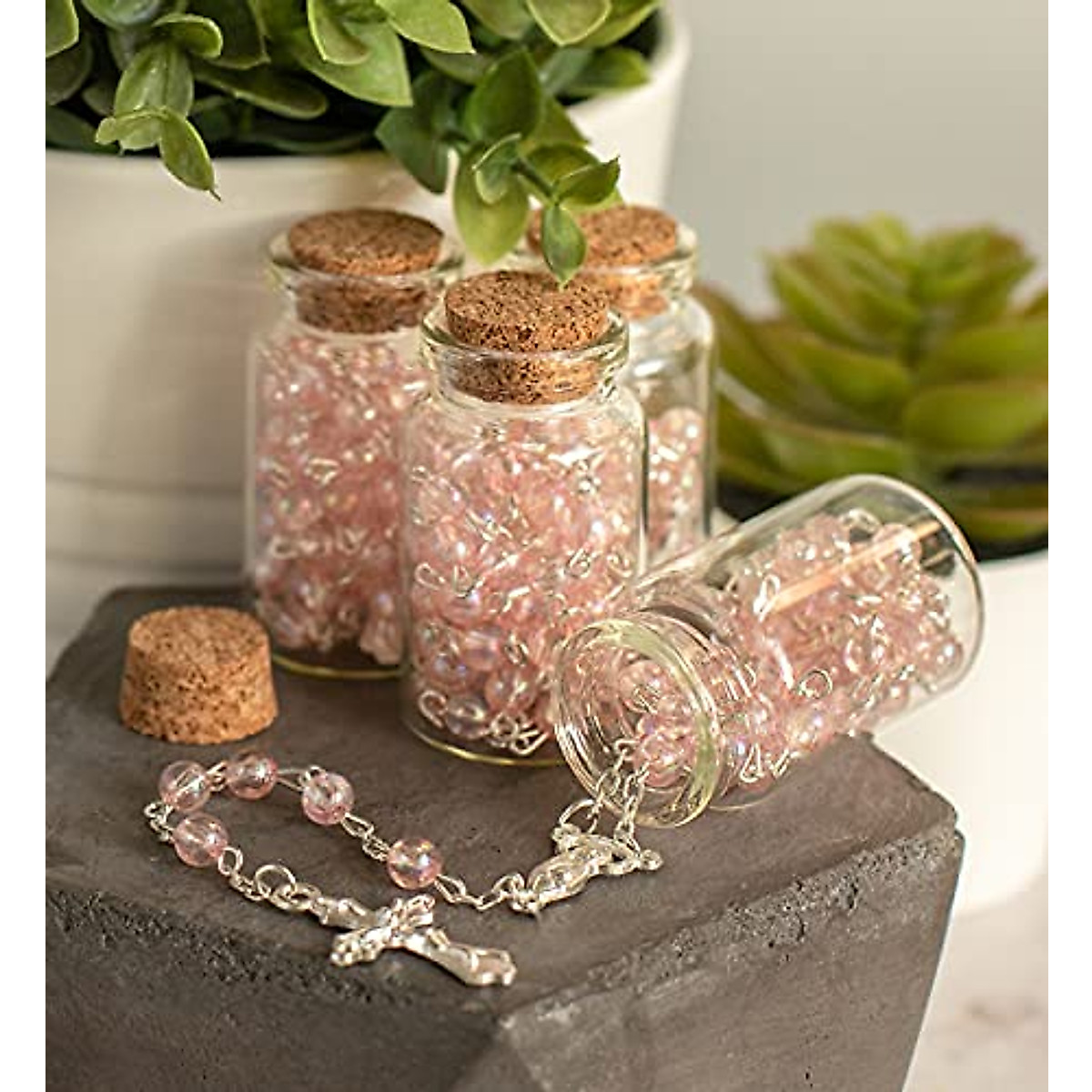 Baptism Favor (12PCS) Holy Communion Rosary in Glass Bottle Jar Recuerdos De Bautizo Quinceanera Clear Pink Pearl Christening Recuerdos para Primera Comunion Niño Quinceanera/Gift for Guests