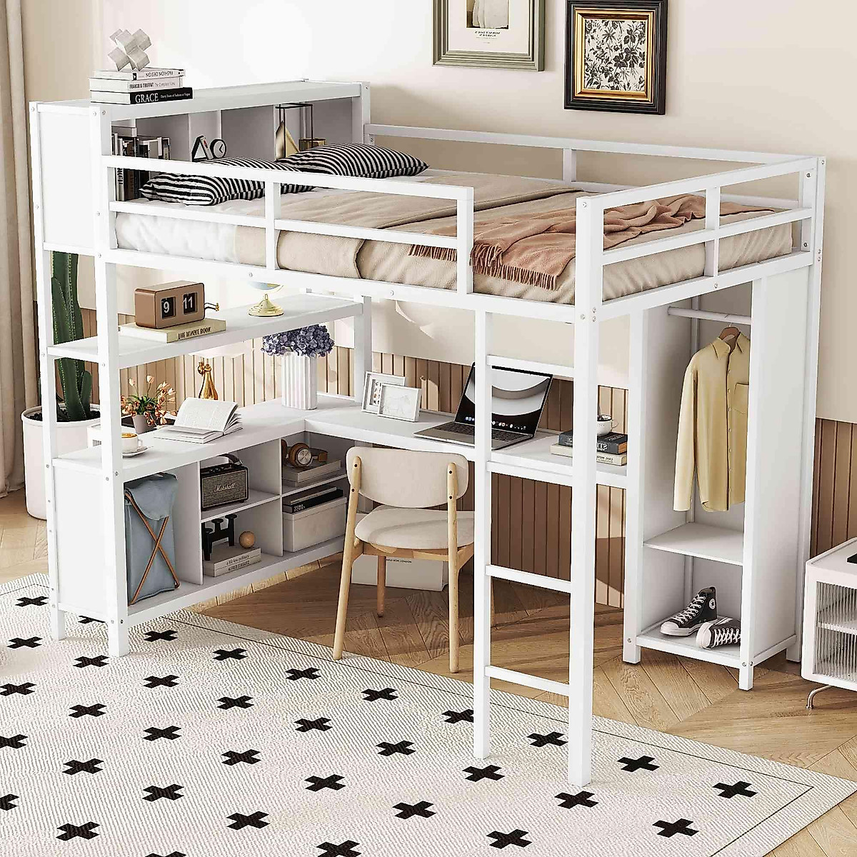 ATY Full Size Loft Bed with Storage Cabinets and Shelves, Sturdy Metal Bedframe w/Wardrobe & Built-in Desk, Save Space Design, for Kids Bedroom, Dorm, White