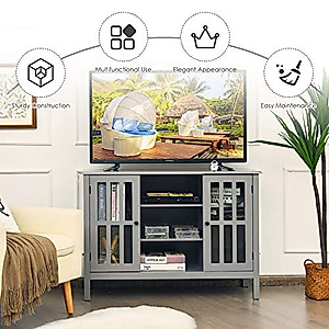 KOTEK Wooden TV Stand, Console Table with Open Shelves and 2 Tempered Glass Doors, TV Cabinet Entertainment Center for TVs up to 50", Storage Cabinet for Entryway, Living Room (Grey)