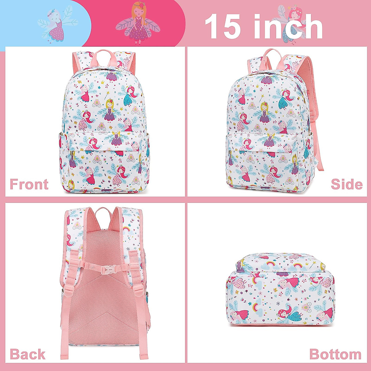 LOIDOU Kids Backpack Girls Preschool Kindergarten Elementary Backpacks with Lunch Box Kids Fairy School Bags BookBag Set