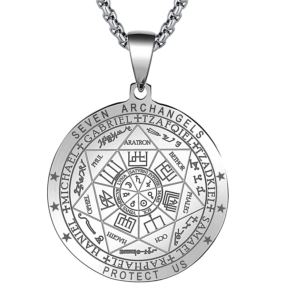 FLYUN Seal of The 7 Archangels Pendant Necklace for Men,Seven Archangels Protection Necklace for Men, Mens Spiritual Talisman Amulet Jewelry (A5-Steel)