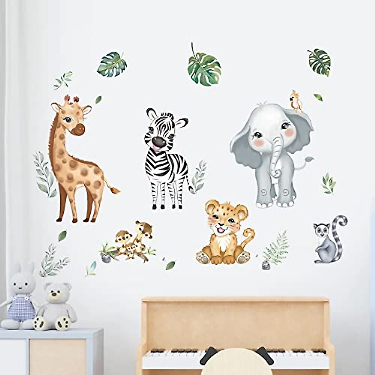 decalmile Jungle Animals Wall Decals Elephant Giraffe Safari Wall Stickers Baby Nursery Kids Room Living Room Wall Decor