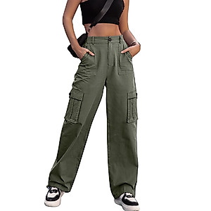 ZMPSIISA Women High Waisted Cargo Pants Wide Leg Casual Pants 6 Pockets Combat Military Trousers(Green,Small)