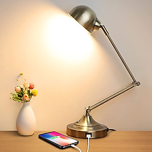 Mlambert 3-Color in 1 LED Desk Lamp with USB Charging Port, Swing Arm, Fully Dimmable, Eye-Caring Task Lamp, Touch Control Brass Metal Architect Drafting Table Lamp for Bedside, Office, Work, Reading