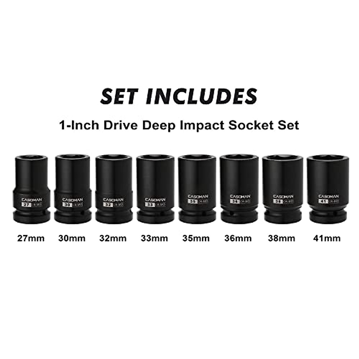 CASOMAN 8 Pieces 1-Inch Drive Deep Impact Socket Set, CR-MO, Metric, 6-Point, Heavy Duty Wheel Impact Socket Set