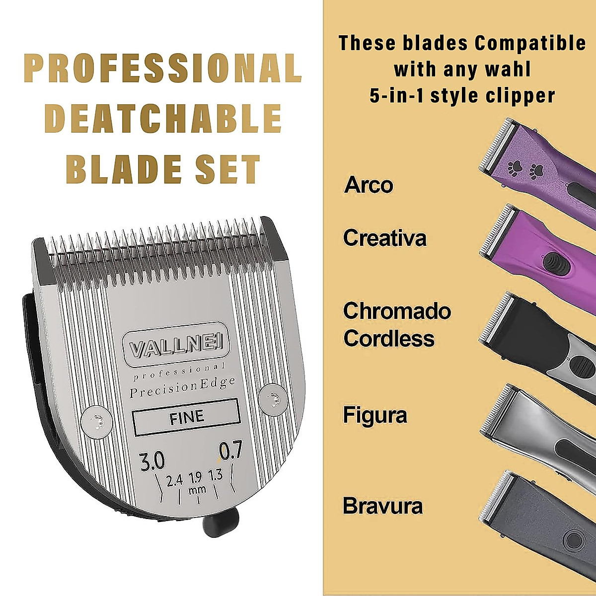 3 Pack Detachable Adjustable Pet Dog Grooming Clipper 5-in-1 Blade Compatible with WAHL Professional Animal Blade Arco, Bravura, Chromado, Creativa, Figura, and Motion Pet, Dog, and Horse Clippers