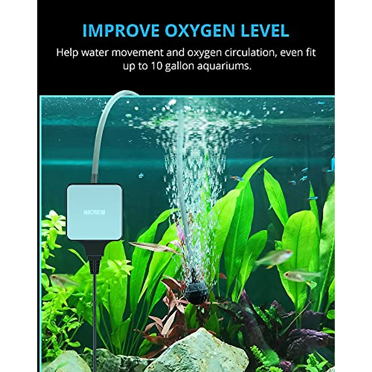 NICREW Nano Silent Aquarium Air Pump, Corded Electric, Aquarium Aerator with Accessories for Up to 10 Gallon Fish Tank, Super Quiet, 0.3 L/min, 1.5 Watts