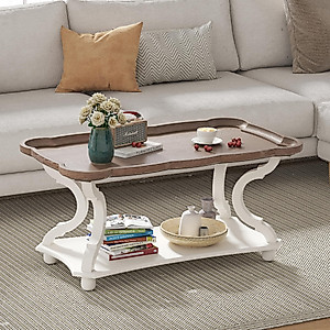 Function Home Farmhouse Coffee Table, Modern Cocktail Table with Storage Shelf, Sofa Table with Natural Tray Top and Carved Legs for Living Room, Bedroom, Dining Room in Vintage White
