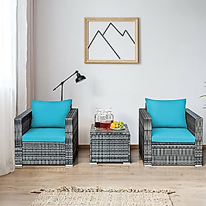 n/a 3 PC Patio Rattan Furniture Bistro Set Cushioned Sofa Chair Turquoise Single Sofa Coffee Table