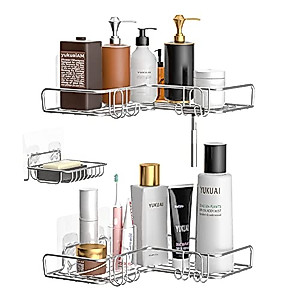 Vdomus Corner Shower Caddy Shelf, No Drilling Traceless Adhesive Rust Proof Stainless Steel Shampoo Holder with Soap Holder, Bathroom Organizer Wall Shelf Basket Rack with Hooks, 3 Pack
