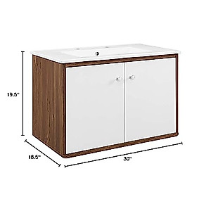 Modway Transmit Wall-Mount, 30" Bathroom Vanity, Walnut White