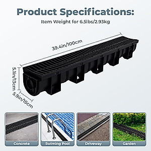 Trench Drain System, Channel Drain with Plastic Grate, 5.9x5.1-Inch HDPE Drainage Trench, Black Plastic Garage and GardenDrain, 6x39 Trench Drain Grate, with 6 End Caps,Convenient Assembly（6 Pack）